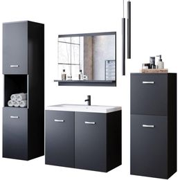 Welltime Badmöbel-Set PARLA, (Komplett-Set, 5-St), Waschtisch inkl. Waschbecken, Spiegel, Hochschrank und Hängeschrank, schwarz