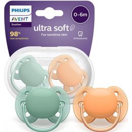 Philips Avent Schnuller ultra soft SCF091/03, Kiefergerecht, ultraweich und flexibel, inkl.Transportbehälter, grün|orange|weiß