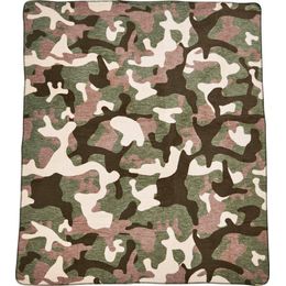 Wohndecke Camouflage, done.®, Wohndecke mit einfassender Ziernaht, Kuscheldecke, beige|braun|grün