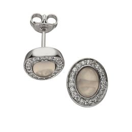 Jobo Paar Ohrstecker Ovale Ohrringe mit Rosenquarz und 44 Zirkonia, 925 Silber, silberfarben