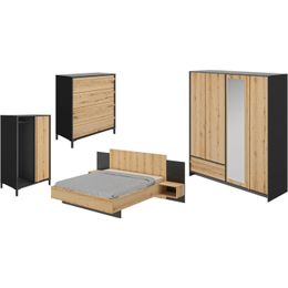 Gami Schlafzimmer-Set Mimizan, (4-St., Bett, 2x Nachttische, Kleiderschrank, Kommode, Garderobenschrank), schwarz