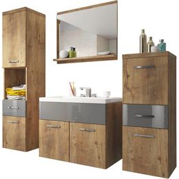 Welltime Badmöbel-Set ELDA, (Komplett-Set, 5-St), Waschtisch inkl. Waschbecken, Hochschrank, Badschrank und Spiegel, braun