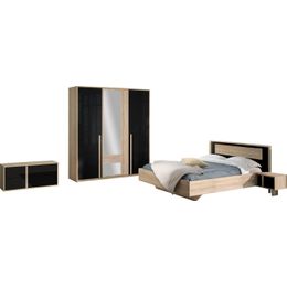 Gami Schlafzimmer-Set Curtys, (5-St., 1x Bett, 2x hängende Nachttische, 1x Kleiderschrank und 1x Lowboard), schwarz