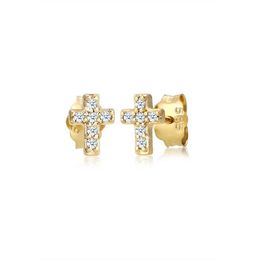 Elli DIAMONDS Paar Ohrstecker Kreuz Religion Diamant (0.06 ct) 585er Gelbgold, goldfarben
