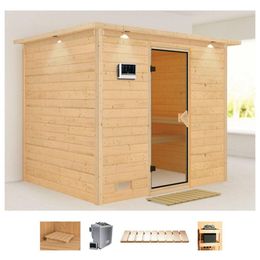 Karibu Sauna Soraja, BxTxH: 259 x 210 x 205 cm, 40 mm, (Set) 9-kW-Bio-Ofen mit externer Steuerung, beige