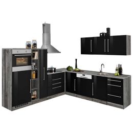Kochstation Winkelküche KS-Samos, mit E-Geräten, Stellbreite 260 x 270 cm mit Stangengriffen aus Metall, schwarz