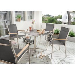 Destiny Garten-Essgruppe MACAO LOFT, (Set, 5-tlg), Edelstahl, 4 Stapelsessel Textilene anthrazit, Tisch HPL Platte, silberfarben