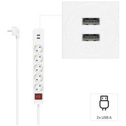 Hama Steckdosenleiste 7-fach (Ein- / Ausschalter, USB-Anschlüsse, Schutzkontaktkupplung, Schutzkontaktstecker, Kabellänge 1,4 m), 2 x USB-A, weiß