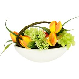Gestecke Tulpe, Calla, Hortensie, Gerbera, my home, Höhe 16 cm, In Schale, Kunstblume, Seidenblume, gelb|orange