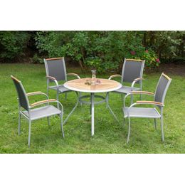 Merxx Garten-Essgruppe Siena, (Set, 5-tlg), 4 Sessel, stapelbar, Tisch Ø/Höhe: 100x75 cm, Akazie geölt, schwarz|silberfarben