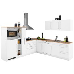Kochstation Winkelküche KS-Samos, mit E-Geräten, Stellbreite 260 x 270 cm mit Stangengriffen aus Metall, weiß