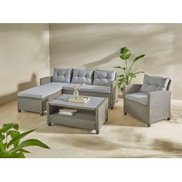 Konifera Gartenlounge-Set Cordoba, (Set, 11-tlg., 2x Bank, 1x Sessel, 1x Tisch 90x55x43cm, inkl. Auflagen), Polyratten, Stahl, Tischplatte aus Nonwood, geeignet für 4 Personen, braun|grau