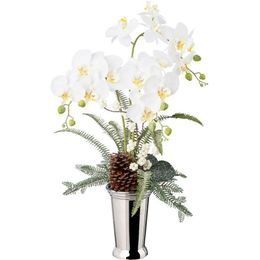 Winterliche Kunstpflanze Weihnachtsdeko Orchidee, Creativ green, Höhe 70 cm, Gesteck in Keramikvase, dekoriert mit Zapfen, Beeren und Farnzweigen, weiß