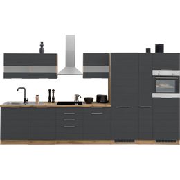 Kochstation Küche KS-Luhe, 390 cm breit, wahlweise mit oder ohne E-Geräten, gefräste MDF-Fronten, grau