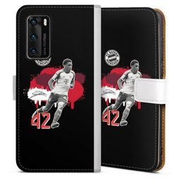 DeinDesign Handyhülle FC Bayern München Jamal Musiala Offizielles Lizenzprodukt, Huawei P40 Hülle Handy Flip Case Wallet Cover Handytasche Leder, weiß