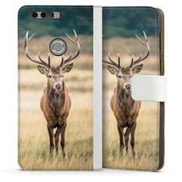 DeinDesign Handyhülle Hirsch Wald Wiese König des Waldes, Huawei Honor 8 Hülle Handy Flip Case Wallet Cover Handytasche Leder, weiß