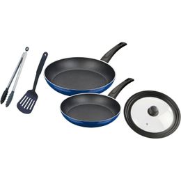 GSW Pfannen-Set Dream Line, Aluminium (Set, 5-tlg., je 1 Pfanne 24/28cm, 1 Deckel 24-28cm, 1 Pfannenwender, 1 Multizange), Antihaft-Versiegelung, Wabenboden, Induktion, blau|schwarz