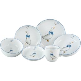 Creatable Kombiservice Geschirr-Set AllRound (10-tlg), 2 Personen, Porzellan, Service, moderne Formensprache, Gänse-Motiv, 10 Teile, für 2 Personen, blau|weiß