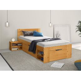 Home Affaire Stauraumbett "HANNES " Kieferbett, mit Schubladen und Regalen, zertifiziertes Massivholz, ideal für kleine Räume, gelb