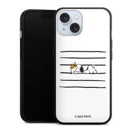 DeinDesign iPhone 15 Handy Premium Silikon H&uuml;lle Handyh&uuml;lle schwarz Case Snoopy Dog Peanuts Silikon Premium Case