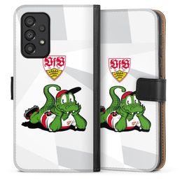 DeinDesign Galaxy A33 5G Handy Klapph&uuml;lle Handyh&uuml;lle aus Kunst Leder schwarz Flip Case Vfb Stuttgart Official Licensed Product Mascot Sideflip mit langer Lasche
