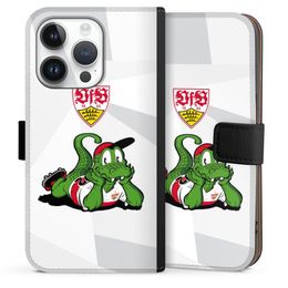 DeinDesign iPhone 14 Pro Handy Klapph&uuml;lle Handyh&uuml;lle aus Kunst Leder schwarz Flip Case Vfb Stuttgart Mascot Official Licensed Product Sideflip mit langer Lasche