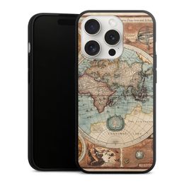 DeinDesign iPhone 15 Pro Handy Premium Silikon H&uuml;lle Handyh&uuml;lle schwarz Case Map World Map Vintage Silikon Premium Case