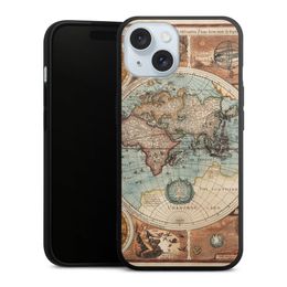 DeinDesign iPhone 15 Handy Premium Silikon H&uuml;lle Handyh&uuml;lle schwarz Case Vintage Map World Map Silikon Premium Case