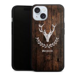 DeinDesign iPhone 15 Handy Premium Silikon H&uuml;lle Handyh&uuml;lle schwarz Case Wooden Look Deer Wood Silikon Premium Case