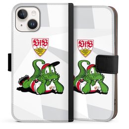 DeinDesign iPhone 14 Handy Klapph&uuml;lle Handyh&uuml;lle aus Kunst Leder schwarz Flip Case Vfb Stuttgart Mascot Official Licensed Product Sideflip mit Lasche