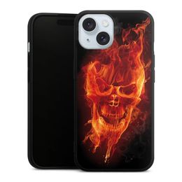 DeinDesign iPhone 15 Handy Premium Silikon H&uuml;lle Handyh&uuml;lle schwarz Case Totenkopf Skull Fire Silikon Premium Case