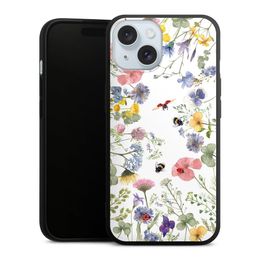 DeinDesign iPhone 15 Handy Premium Silikon H&uuml;lle Handyh&uuml;lle schwarz Case Flowers Bee Muster Silikon Premium Case