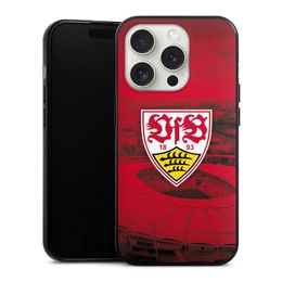 DeinDesign iPhone 15 Pro Handy Slim Case extra d&uuml;nn Silikon Handyh&uuml;lle schwarz H&uuml;lle Vfb Stuttgart Official Licensed Product Stadium Silikon Slim Case