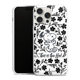 DeinDesign iPhone 15 Pro Max Handy Silikon H&uuml;lle Case wei&szlig; Handyh&uuml;lle Peanuts Flowers Snoopy Silikon Case