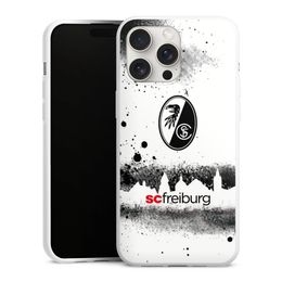 DeinDesign iPhone 15 Pro Max Handy Silikon H&uuml;lle Case wei&szlig; Handyh&uuml;lle Skyline Sc Freiburg Logo Silikon Case