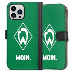 DeinDesign iPhone 13 Pro Max Handy Klapph&uuml;lle Handyh&uuml;lle aus Kunst Leder schwarz Flip Case Moin Official Licensed Product Sv Werder Bremen Sideflip mit langer 
