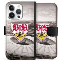 DeinDesign iPhone 14 Pro Handy Klapph&uuml;lle Handyh&uuml;lle aus Kunst Leder schwarz Flip Case Official Licensed Product Vfb Stuttgart Stadium Sideflip mit langer Lasche