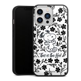 DeinDesign iPhone 13 Pro Handy Premium Silikon H&uuml;lle Handyh&uuml;lle schwarz Case Peanuts Flowers Snoopy Silikon Premium Case