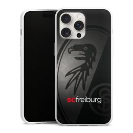 DeinDesign iPhone 15 Pro Max Handy Silikon H&uuml;lle Case wei&szlig; Handyh&uuml;lle Official Licensed Product Sc Freiburg Metallic Look Silikon Case