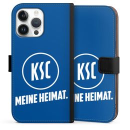 DeinDesign iPhone 14 Pro Max Handy Klapph&uuml;lle Handyh&uuml;lle aus Kunst Leder schwarz Flip Case Karlsruher Sc Statement Ksc Sideflip mit Lasche
