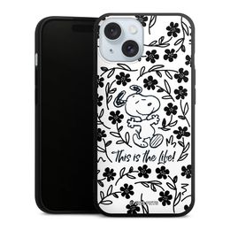 DeinDesign iPhone 15 Handy Premium Silikon H&uuml;lle Handyh&uuml;lle schwarz Case Peanuts Flowers Snoopy Silikon Premium Case