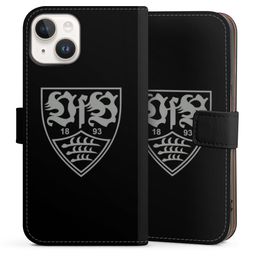 DeinDesign iPhone 14 Handy Klapph&uuml;lle Handyh&uuml;lle aus Kunst Leder schwarz Flip Case Official Licensed Product Vfb Stuttgart Logo Sideflip mit Lasche