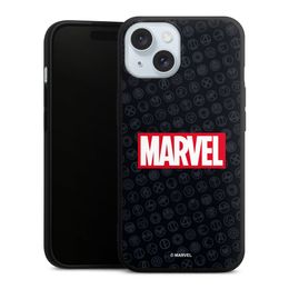 DeinDesign iPhone 15 Handy Premium Silikon H&uuml;lle Handyh&uuml;lle schwarz Case Logo Marvel Comic Silikon Premium Case