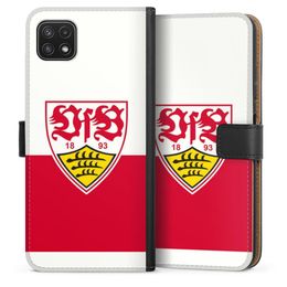 DeinDesign Galaxy A22 5G Handy Klapph&uuml;lle Handyh&uuml;lle aus Kunst Leder schwarz Flip Case Vfb Stuttgart Official Licensed Product Logo Sideflip mit langer Lasche