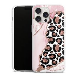 DeinDesign iPhone 15 Pro Max Handy Silikon H&uuml;lle Case wei&szlig; Handyh&uuml;lle Leopard Glitzer Marble Silikon Case