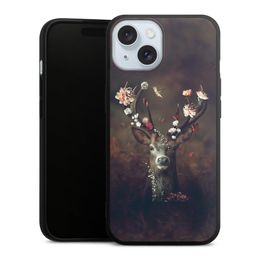 DeinDesign iPhone 15 Handy Premium Silikon H&uuml;lle Handyh&uuml;lle schwarz Case Reindeer Flowers Rehe Silikon Premium Case