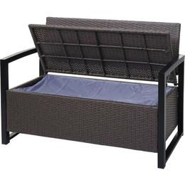 Neuwertig] Poly-Rattan 2er Sitzbank HHG-564, Gartenbank Truhenbank, Staufach Aufbewahrung Sitzkissen grau-meliert, Kissen grau - black