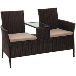 Hegele - neuwertig] Poly-Rattan Sitzbank mit Tisch HHG-243, Gartenbank Sitzgruppe Gartensofa, 132cm braun, Kissen creme - brown