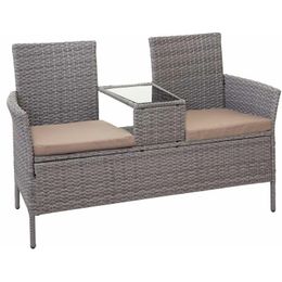 Hegele - neuwertig] Poly-Rattan Sitzbank mit Tisch HHG-243, Gartenbank Sitzgruppe Gartensofa, 132cm grau, Kissen creme - grey