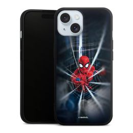 DeinDesign iPhone 15 Handy Premium Silikon H&uuml;lle Handyh&uuml;lle schwarz Case Kinofilm Marvel Spiderman Silikon Premium Case